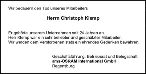 Traueranzeigen Von Christoph Klemp Mittelbayerische Trauer