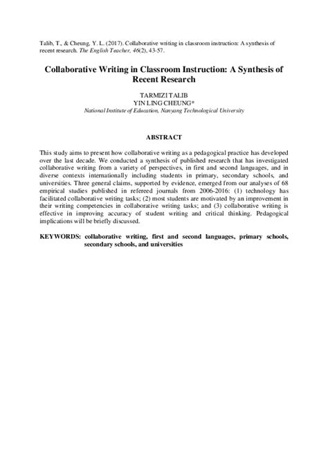 Pdf Collaborative Writing In Classroom Instruction A Synthesis Of Recent Research