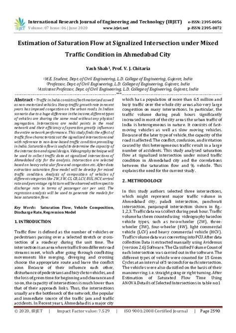 Pdf Irjet Estimation Of Saturation Flow At Signalized Intersection Under Mixed Traffic