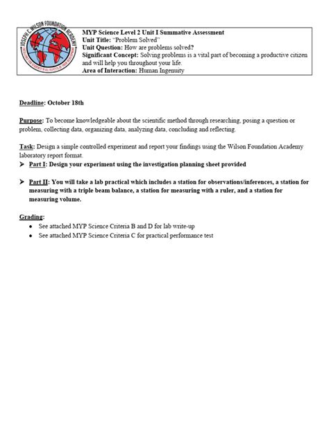 Myp Science Level 2 Unit 1 Summative Assessment Download Free Pdf Scientific Method