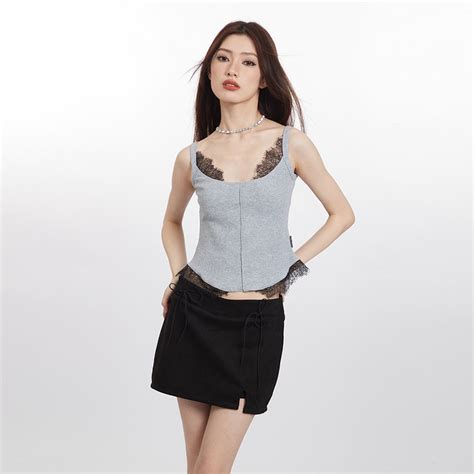 Lace Ribbed Patchwork Curved Hem Crop Camisole Lezhou Garment