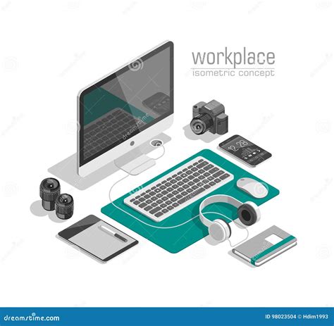Flat Isometric 3d Technology Designer Workspace Concept Vector Laptop