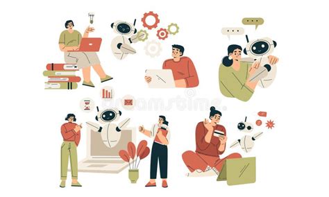 Artificial Intelligence Technology With People Character Interacting With Smart Bot Vector Set