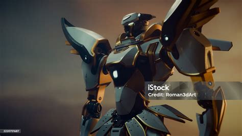 흰색 회색 반짝이는 금색 긁힌 중금속 갑옷 일몰 하늘을 배경으로 구름 속에 떠 있는 빛나는 눈을 가진 서사시 강력한 공상 과학 미래 기계 사무라이 전사의 3d 렌더링 배틀