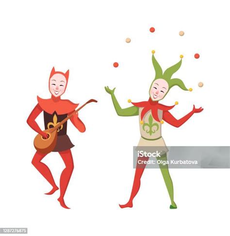 중세 광대와 할리퀸 전통적인 만화 예술가 저글링과 악기 유머 로야 공연자 의상 벡터 동화 고립 된 문자의 재미있는 바보를 연주