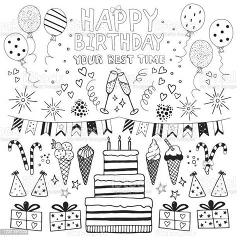 손으로 그린 생일 낙서 스케치 선물 풍선 플래그 별 경례 케이크 흰색에 고립 된 아이스크림의 스케치 세트 생일 베이비 룸 인사말 카드 초대장에 대한 귀여운 파티 일러스트