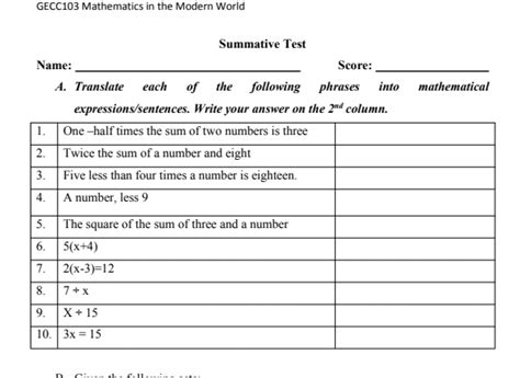 Solved Gecc103 Mathematics In The Modern World Summative Test Name