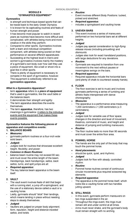 pe notes lecture module 6 “gymnastics equipment” gymnastics is strength and technique based