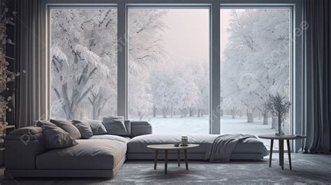 Living Room With Windows Facing Snowy Snow Covered Trees Background 3d