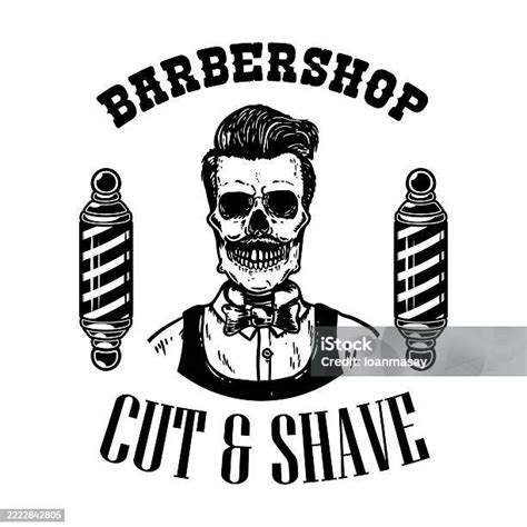 이발소 흰색 배경에 고립 된 수염 난 두개골의 그림 이발소 포스터 카드 엠블럼 간판 라벨을 위한 디자인 요소 벡터 일러스트 레이 션 검은색에 대한 스톡 벡터 아트 및 기타