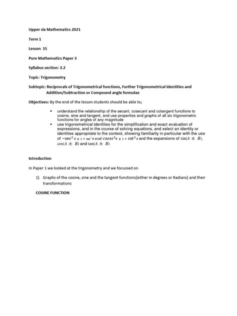 Lesson 15 Secant Cotangent And Cosecant Pdf Trigonometric Functions