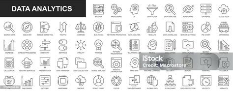 데이터 분석 웹 아이콘은 가는 선 디자인으로 설정됩니다 데이터베이스 빅 데이터 프로세스 Ai 모니터링 트래픽 호스팅 서비스