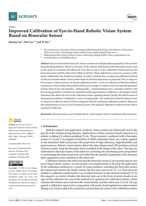 Pdf Improved Calibration Of Eye In Hand Robotic Vision System Based On Binocular Sensor