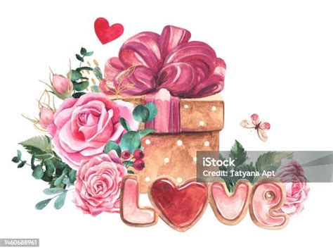 장미 유칼립투스 가지 황금 요소 및 선물 상자의 코너 구성 흰색 배경에 수채화 그림입니다 0명에 대한 스톡 벡터 아트 및 기타 이미지 Istock