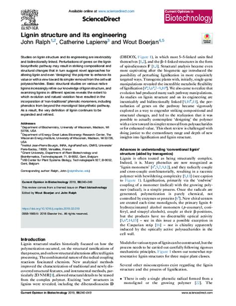 Pdf Lignin Structure And Its Engineering