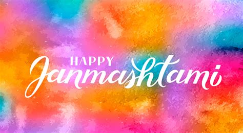 화려한 수채화 배경에 해피 잔마슈타미 손 글자 전통적인 힌두교 축제 벡터 그림입니다 타이포그래피 포스터 배너 전단지 초대장 등을 위한 템플릿을 쉽게 편집할 수 있습니다