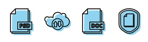 라인 Doc 파일 문서 Psd 파일 문서 클라우드 다운로드 및 업로드 및 문서 보호 개념 아이콘을 설정합니다 벡터 금고 보안 장비에 대한 스톡 벡터 아트 및 기타 이미지