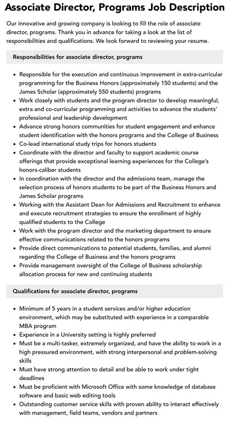 Associate Director Programs Job Description Velvet Jobs