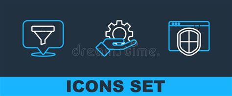 Set Line Browser With Shield Location Sales Funnel And Hand Settings Gear Icon Vector Stock