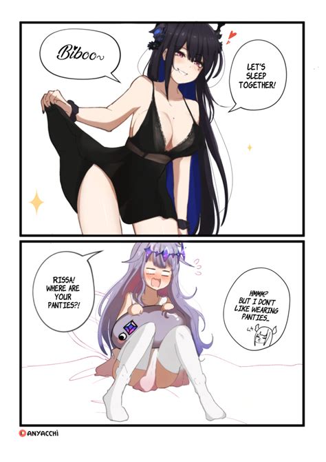 Rule 34 2girls Anyacchi Asymmetrical Horns Black Hair Blue Hair Blush Breasts Colored Inner