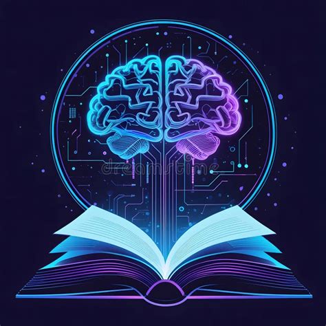 An Ethereal Glowing Blue Neon Brain Floating Above An Open Book In A Mystical Way Knowledge