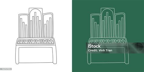 파이프 오르간 선 그리기 만화 스타일입니다 건반 악기 파이프 오르간 피아노 클립아트 그림은 흰색과 칠판 배경에 분리된 선형 스타일로 그려져 있습니다 악기 클립 아트 개념
