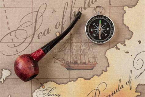 Tobacco Pipe And Compass On Map Stock Image Image Of Brier Compass 152313337