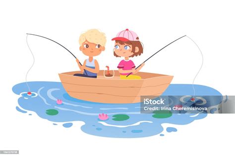 배보트에 앉아 갈대와 호수에서 낚시를 하는 아이들 두 명의 어부와 귀여운 장면 민물낚시에 대한 스톡 벡터 아트 및 기타 이미지 민물낚시 아이 강 Istock
