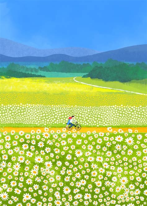 고요 꽃 꽃밭 남자 데이트 두명 들판 따뜻함 로맨틱 만개 맑음 백그라운드 봄 사람 산 시골 시골길 여유 여자 일러스트 자연 자전거 커플 타기 평화 풍경 경치 하늘 함께함