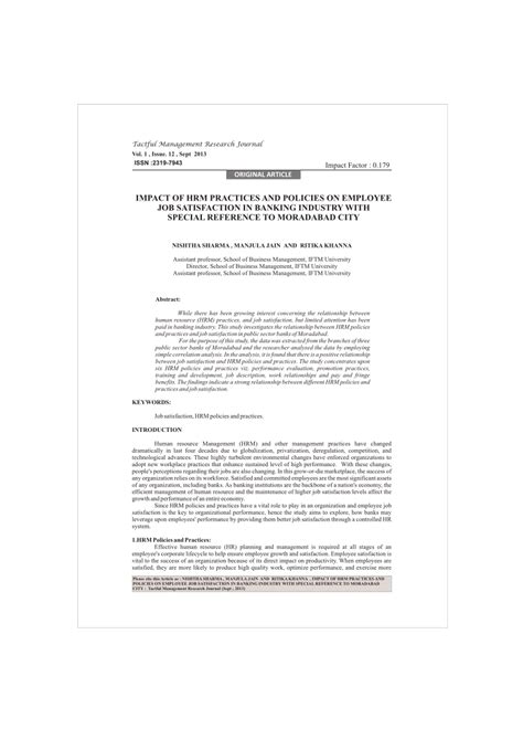 Pdf Impact Of Hrm Practices Andpolicies On Employee Job Satisfaction In Banking Industry With