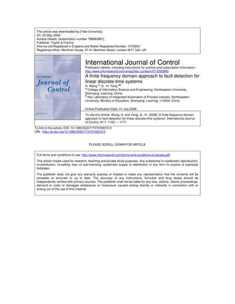 Pdf A Finite Frequency Domain Approach To Fault Detection For Linear Discrete Time Systems