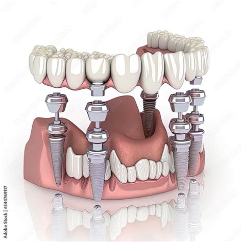 3d Render Of Mandibular Prosthesis All On 4 System Supported By Implants Over White Background