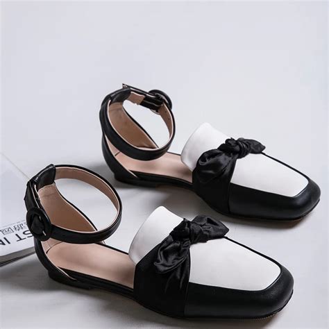 Womens Genuine Leather Ankle Strap Bow Tie Flats Summer Footwear Square Toe Leisure Comfortable