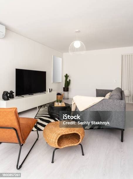 회색 소파와 Tv 공간 수직 형식이있는 현대적인 아파트 거실 인테리어 0명에 대한 스톡 사진 및 기타 이미지 0명 3차원 형태 가구 Istock