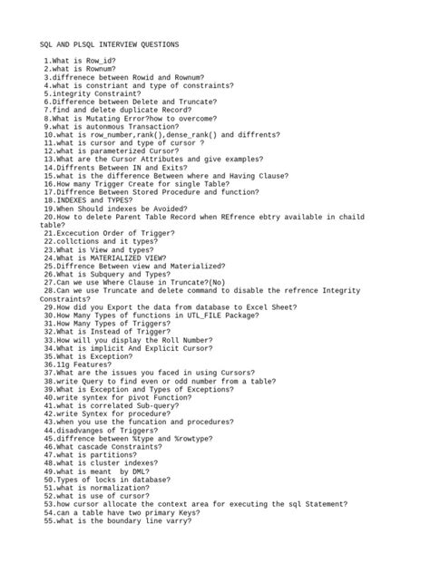 Sql And Plsql Interview Questions Pdf Databases Information Technology Management
