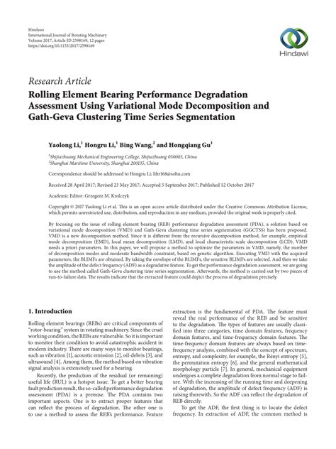 Pdf Rolling Element Bearing Performance Degradation Assessment Using Variational Mode