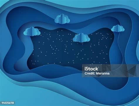 밤 하늘 빛나는 별과 구름과 종이 아트 3d 추상 배경 종이 접기 모양 종이 파도 레이어 텍스처 기하학적 디자인 레이아웃입니다 별에 대한 스톡 벡터 아트 및 기타 이미지