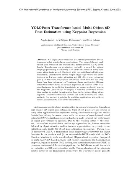 Pdf Yolopose Transformer Based Multi Object 6d Pose Estimation Using