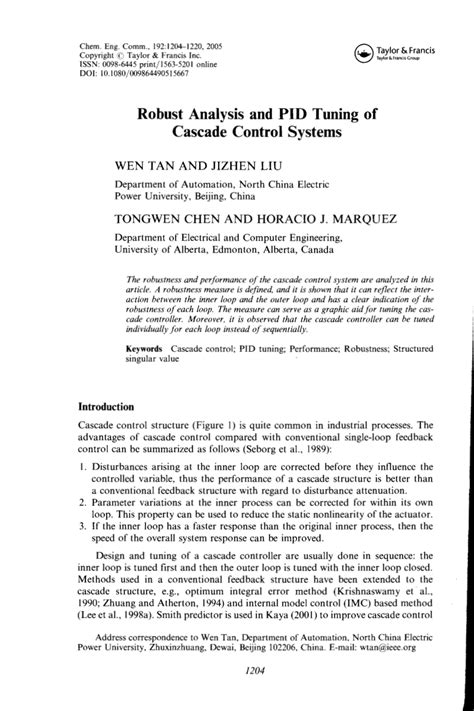 pdf robust analysis and pid tuning of cascade control systems