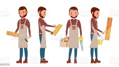 목수 벡터입니다 노동자입니다 다른 찍으 셨습니다 전체 길이입니다 플랫 만화 일러스트 레이 션 개념에 대한 스톡 벡터 아트 및 기타 이미지 Istock