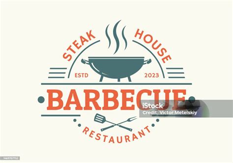 바베큐 로고 또는 아이콘입니다 바베큐 라벨 그릴 바 레스토랑 그릴 포크와 주걱이 있는 스테이크 하우스 빈티지 배지 디자인 벡터 그림입니다 고기에 대한 스톡 벡터 아트 및