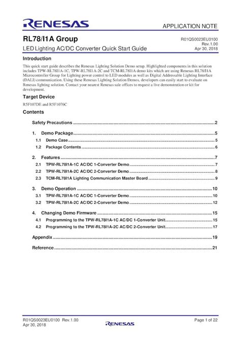 Pdf Rl78i1a Group Led Lighting Acdc Converter Quick Start Guide