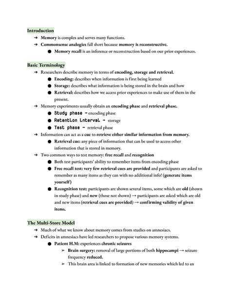 Memory Notes From Modules Textbook And Lecture Introduction Memory Is Complex And Serves