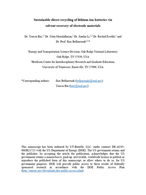 Sustainable Direct Recycling Of Lithium Ion Batteries Via Solvent Recovery Of Electrode