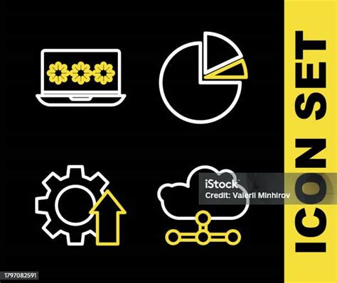라인 파이 차트 인포그래픽 네트워크 클라우드 연결 화살표 성장 기어 및 암호 아이콘이 있는 노트북을 설정합니다 벡터 개념에 대한