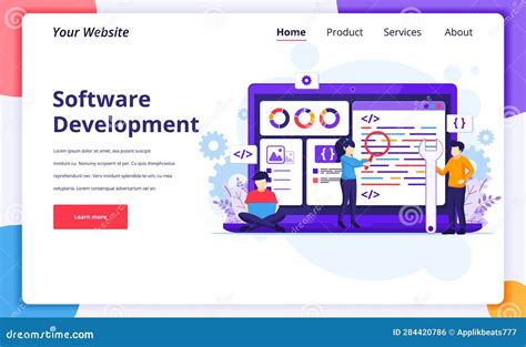 Software Development Concept People Work On A Giant Laptop Programming And Coding Modern Flat