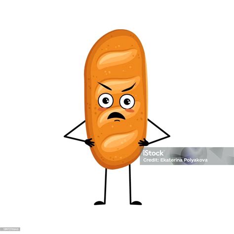 분노한 감정 심술 궂은 얼굴 분노한 눈 팔과 다리가있는 귀여운 빵 덩어리 베이커리 자극적 인 표정과 포즈를 가진 수제 패스트리 벡터 플랫 일러스트 레이 션 가공의 인물에