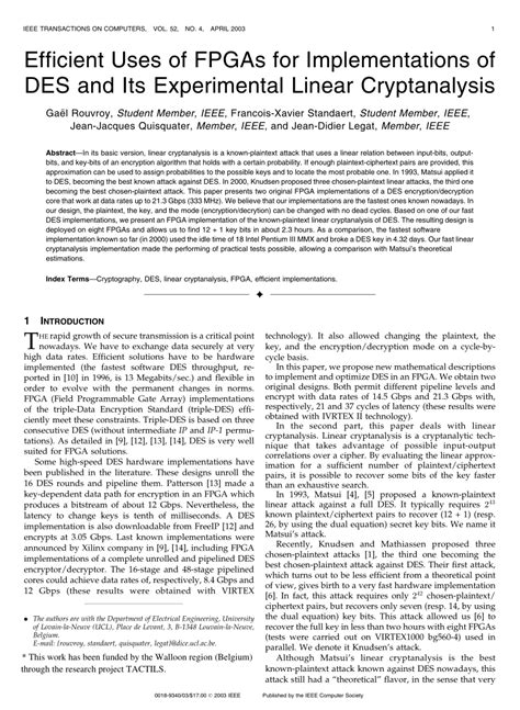 Pdf Efficient Uses Of Fpgas For Implementations Of Des And Its Experimental Linear Cryptanalysis