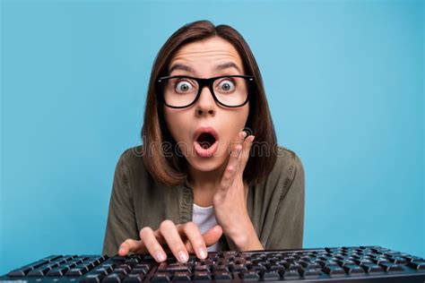 Photo Of Impressed Nerd Manager Ceo Lady Missed Webinar Webcam Isolated Over Blue Color