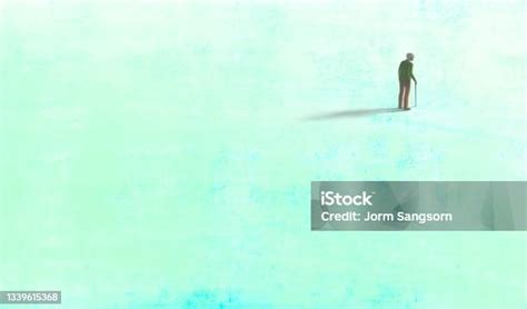 파란 그림 일러스트레이션 초현실적 인 예술 외롭고 고독한 개념 예술작품에 혼자 노인 노인 남자에 대한 스톡 벡터 아트 및 기타